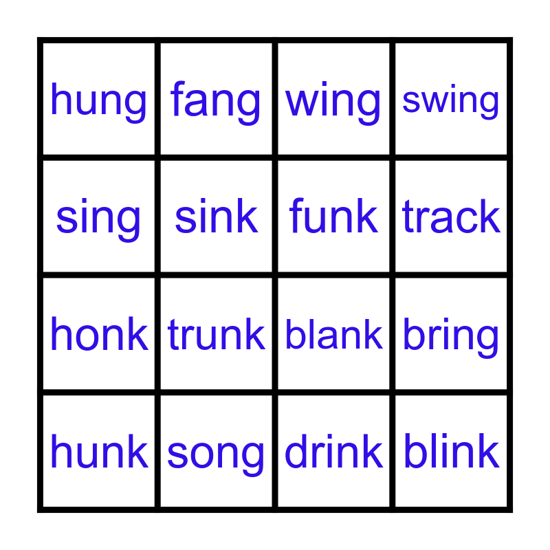 -ng & -nk Bingo Card