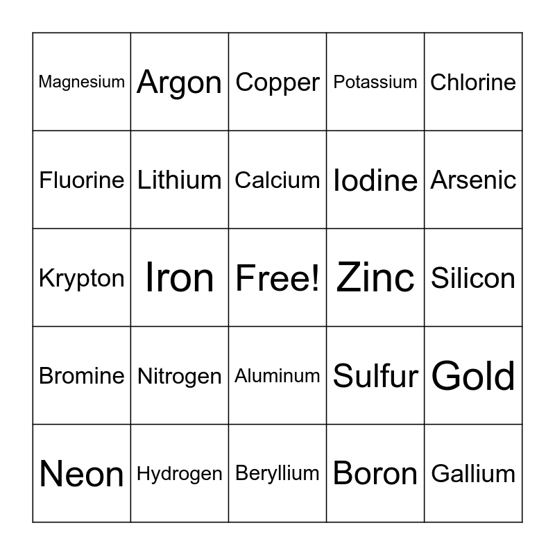 Element Bingo Card