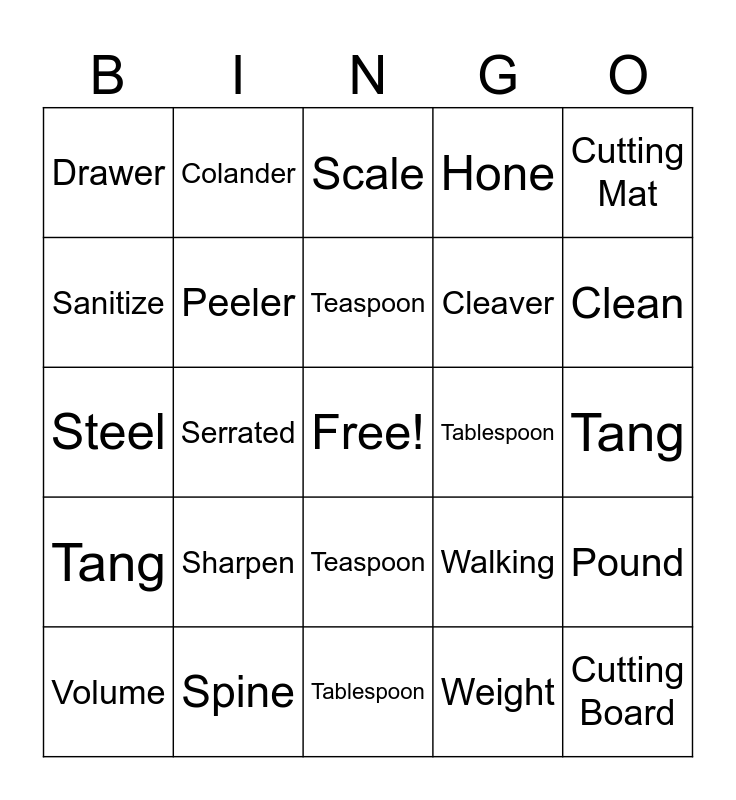 Kitchen Equipment Bingo Card