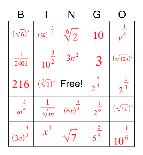 Radical and Rational Exponents Bingo Card