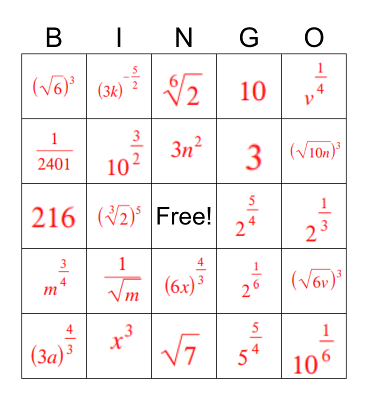 Radical and Rational Exponents Bingo Card