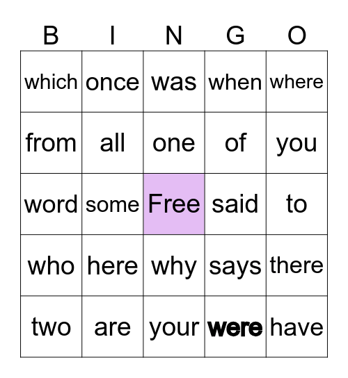 Tricky Word Bingo Card