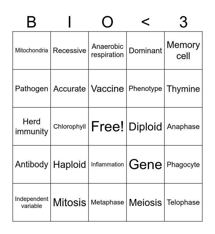 Bio Exam Review Bingo Card
