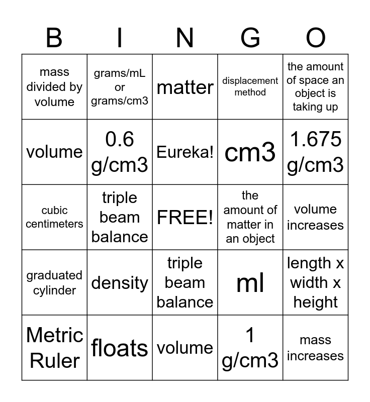 Density Bingo Card