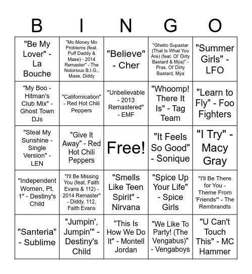 90s Music Bingo Round #2 Bingo Card