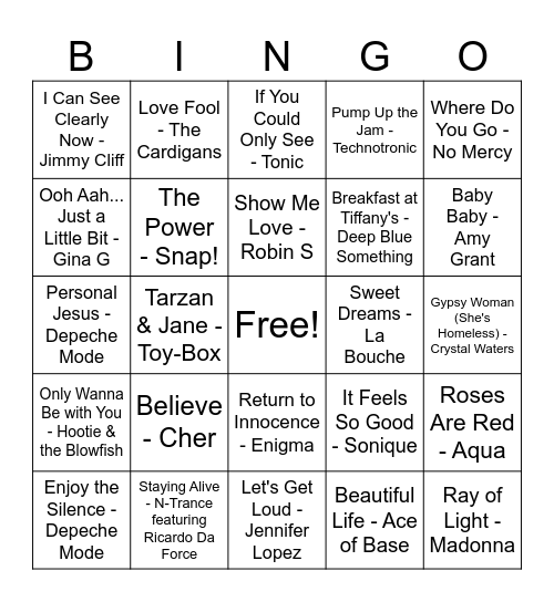 90s Music Bingo Round #4 Bingo Card