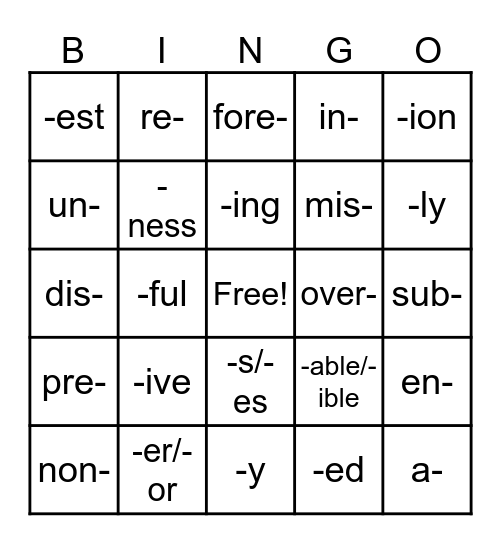 Morphology Bingo Card