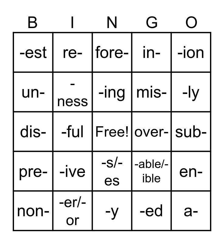 Morphology Bingo Card