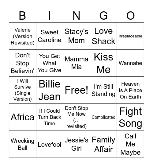 Sing Along Anthems Bingo Card