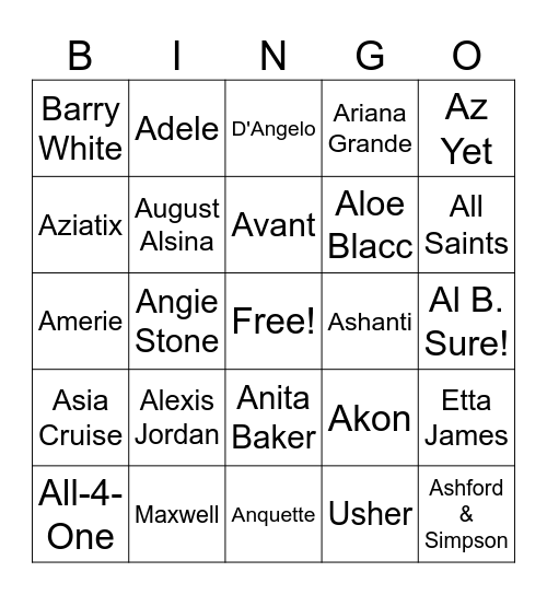 R&B BINGO Card