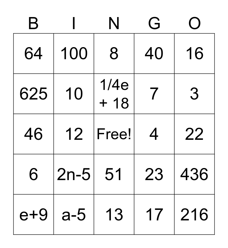 Expressions Review Bingo Card