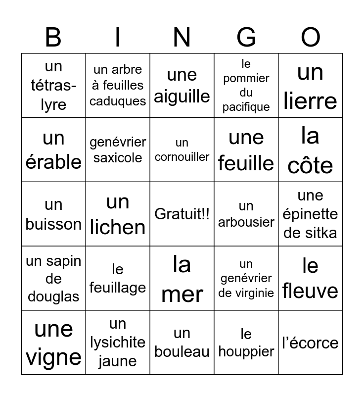 La nature et l'environnement Bingo Card