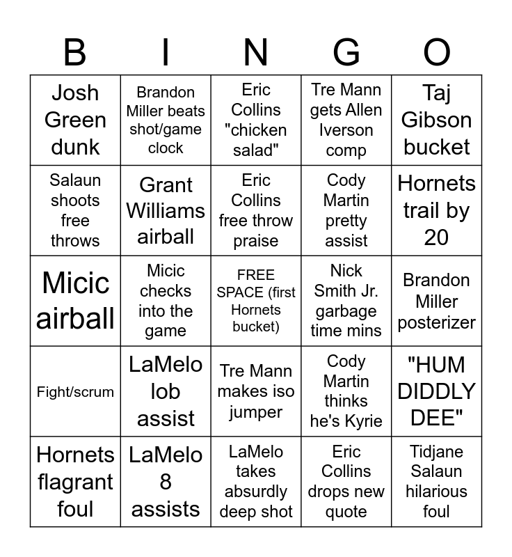 Charlotte Hornets Bingo Card