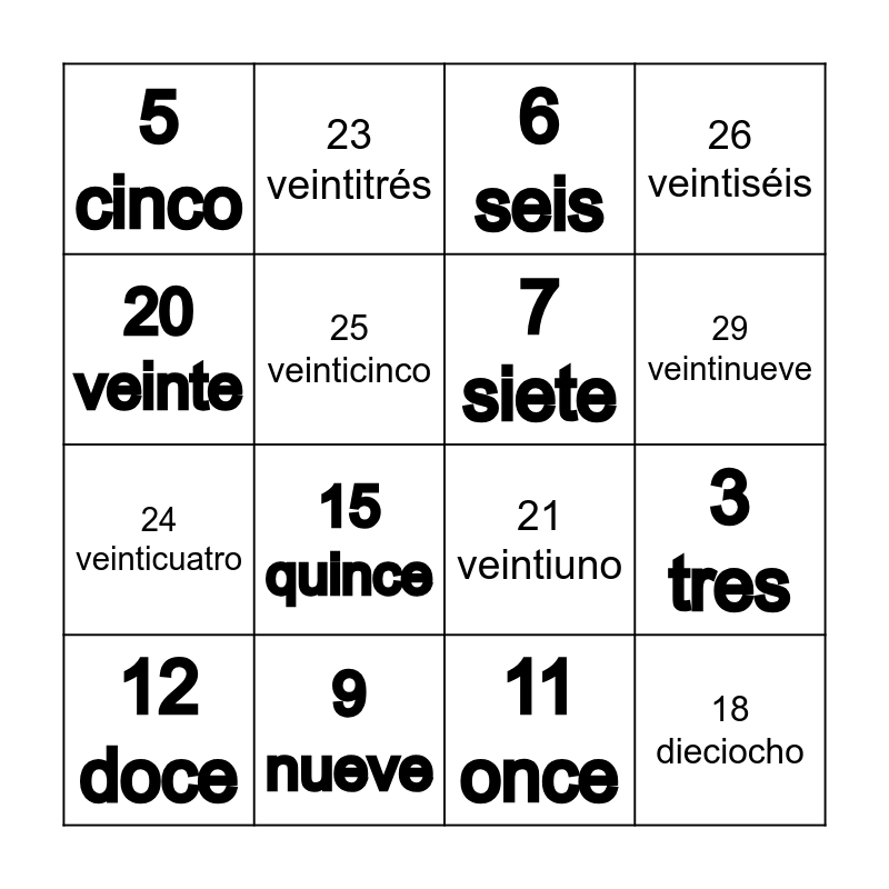 Los Números 1-30 Bingo Card