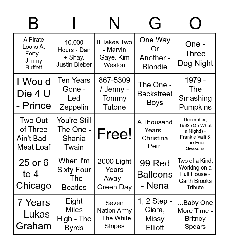 Songs With #'s in the Title (Double Bingo) Bingo Card