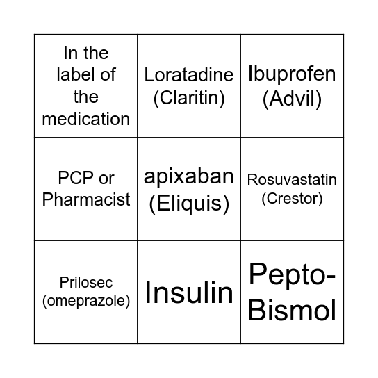 Common Medications Bingo Card