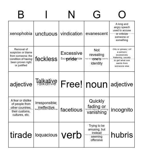 Vocabulary Bingo Card