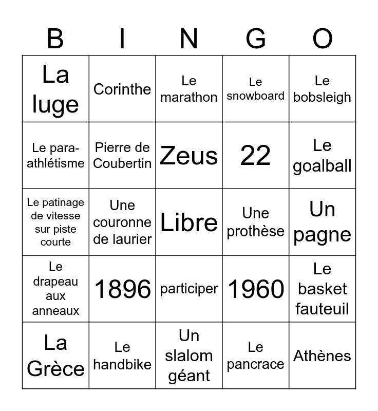 Les Jeux Olympiques Bingo Card