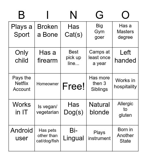 Speed Dating Bingo Card