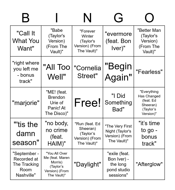 Taylor Swift Music Bingo Round #3 Bingo Card