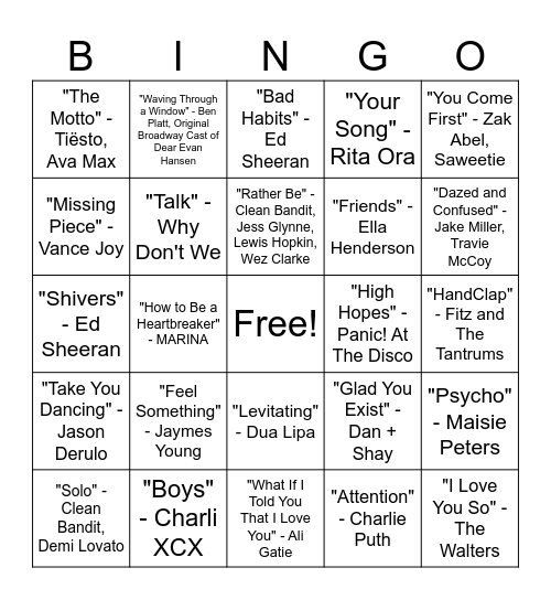 Pop Music Bingo Round #1 Bingo Card