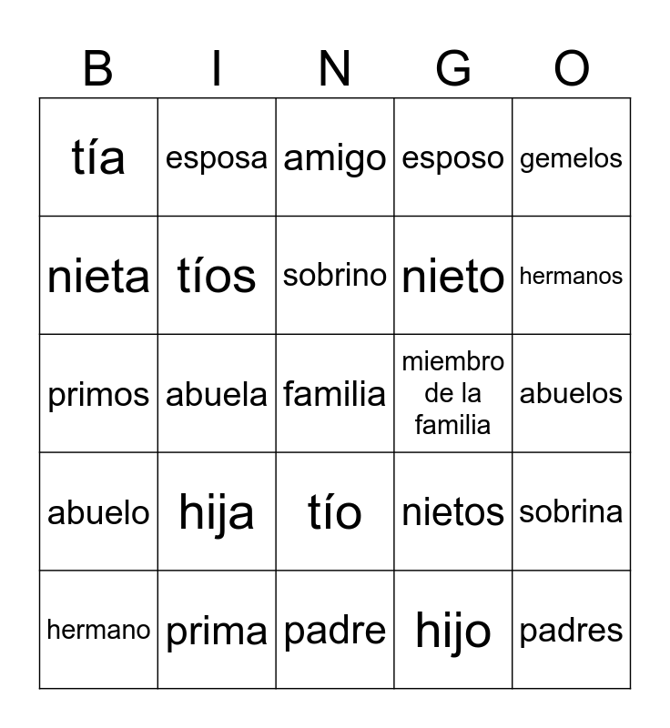 Familia Bingo Card