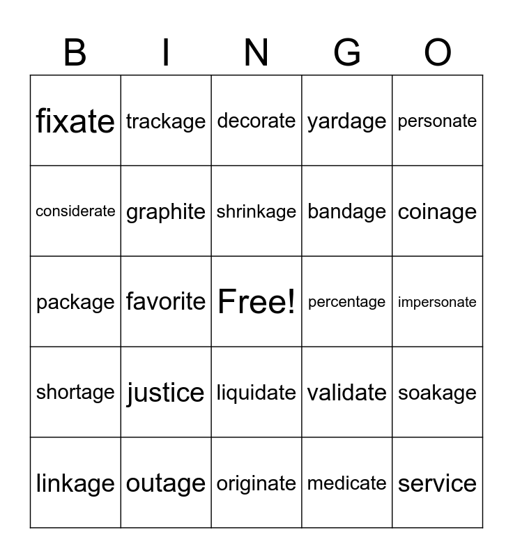 Suffixes -ate, -ite, -ice, -age Bingo Card