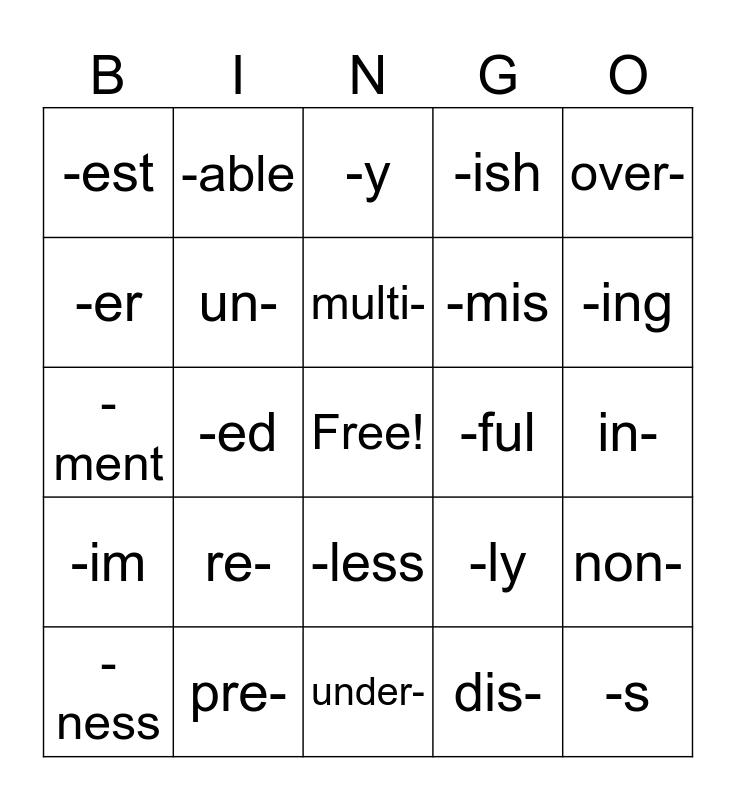 Prefix and Suffix Bingo Card