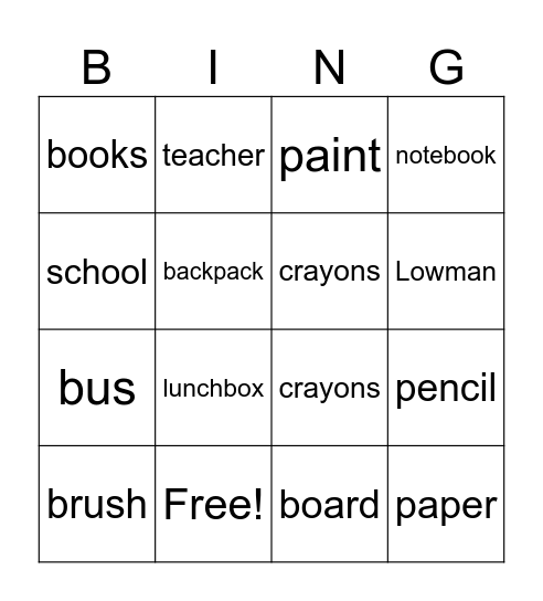 School Words Bingo Card