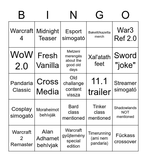Warcraft 30 év Bingo Card