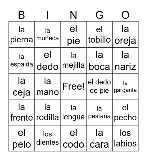 Spanish Parts of the Body Bingo Card