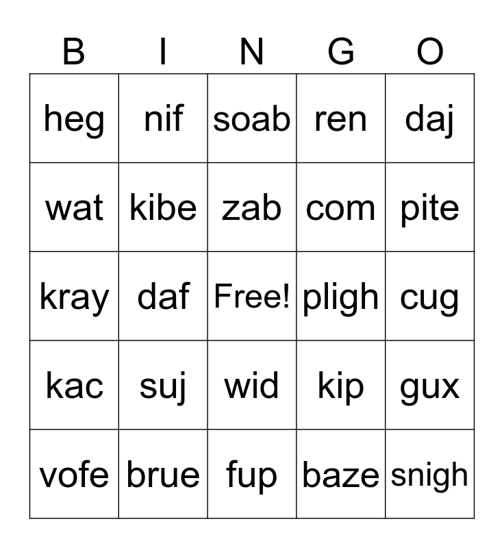 Nonsense Words Bingo Card
