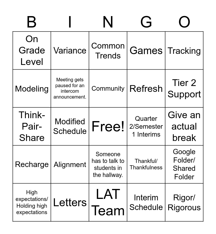 Staff Meeting Bingo Card