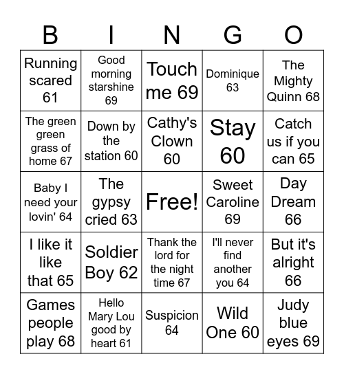 Just all 60's Bingo Card