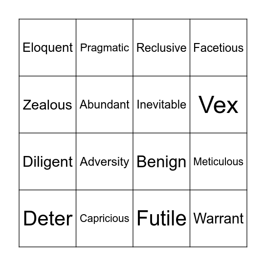 Vocabulary Bingo Card