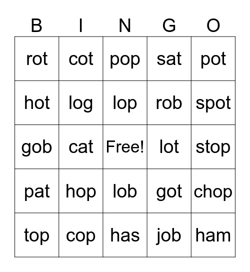 Spelling List Bingo Card