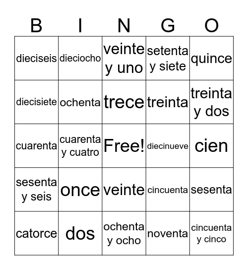 Los Números Bingo Card