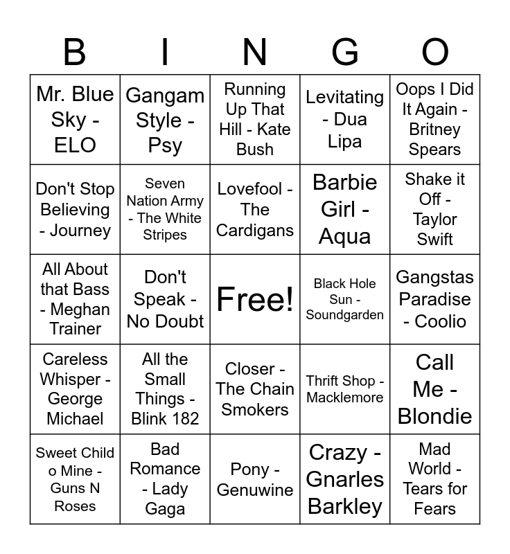 Postmodern Jukebox Bingo Card