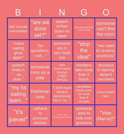 Saiing Election Night Bingo Card