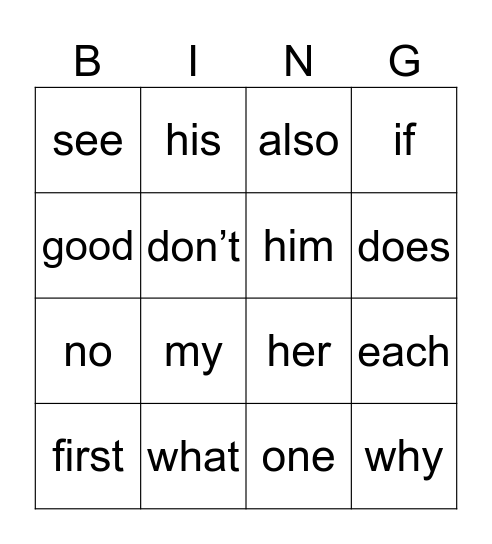 1st Grade Sight Words Bingo Card
