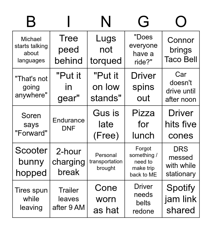 Driveday Bingo Card