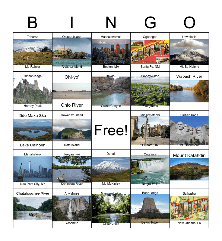 Native American Landmarks Bingo Card