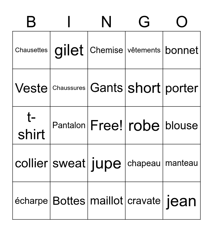 Les Vêtements Bingo Card