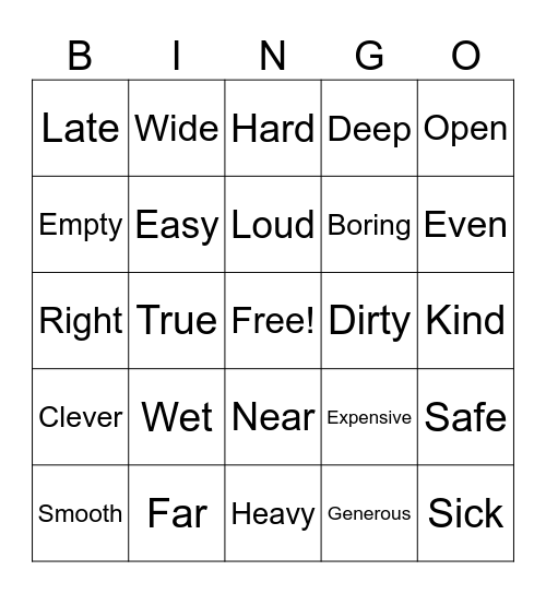 Adjectives Bingo Card