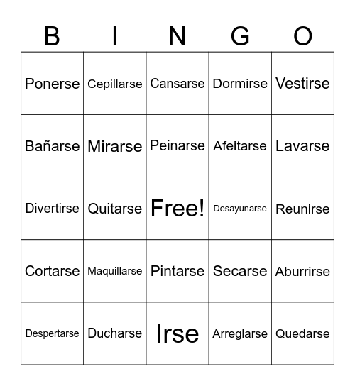 Reflexive Verbs Bingo Card