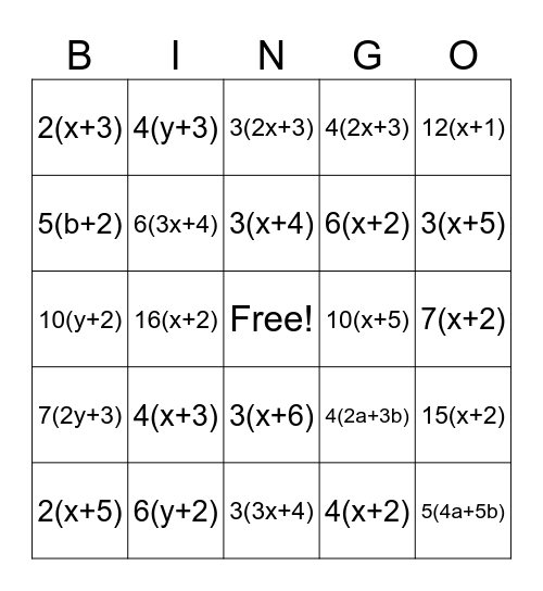Factoring Bingo Card