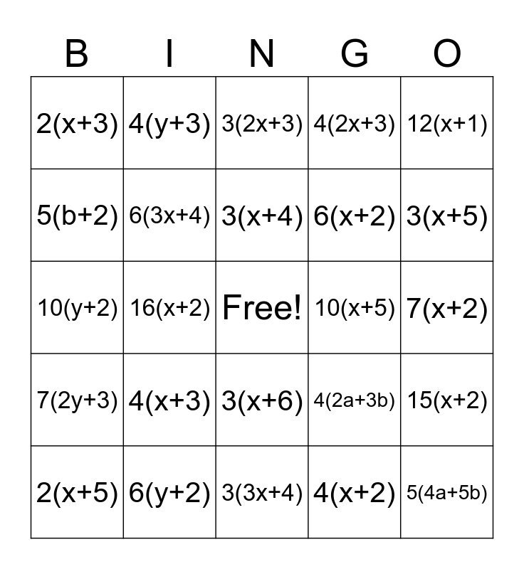 Factoring Bingo Card