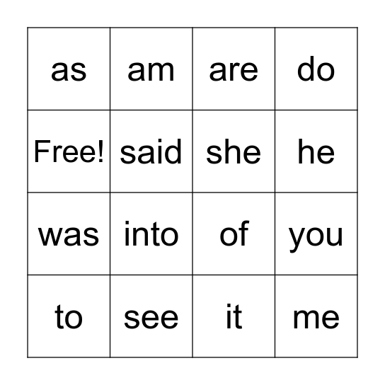 Kindergarten Sight Word BINGO Card