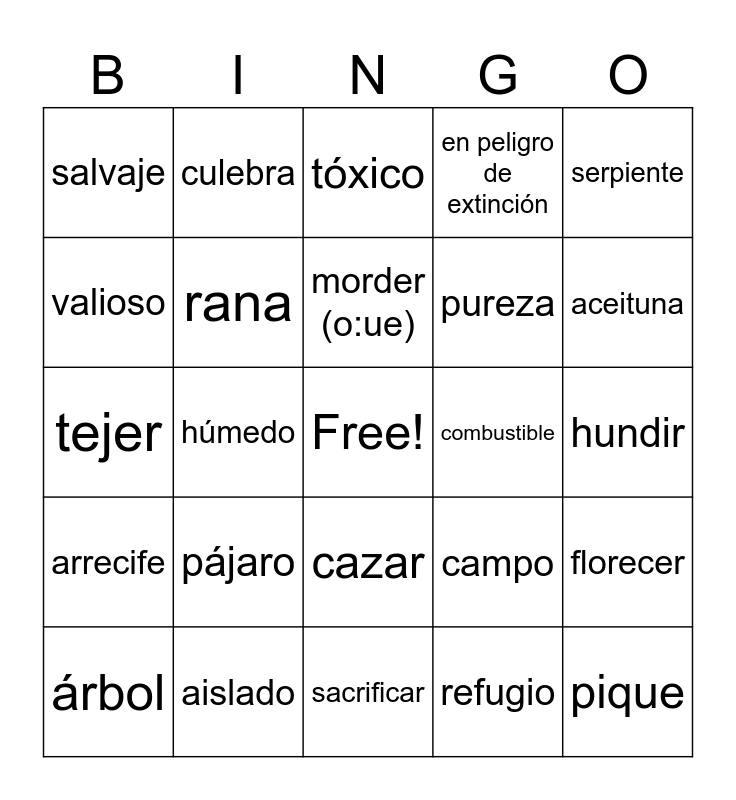 Lección 6: La naturaleza Bingo Card