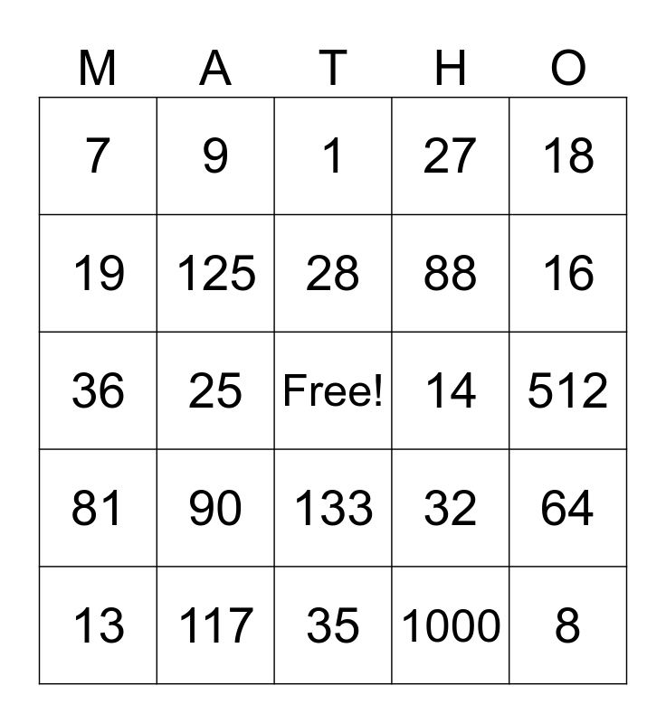Order of Operations and Exponents Bingo Card